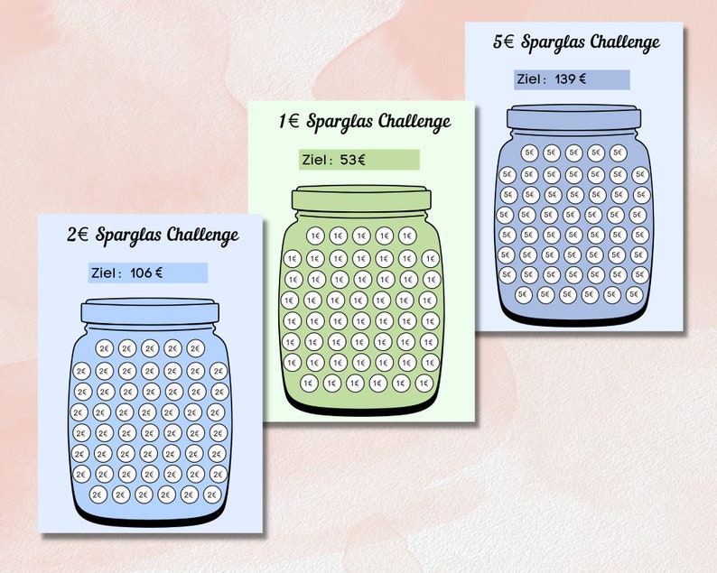 Dein Sparglas Sparchallenge, 1, 2, 5, 10, 20, 50 Euro Challenge ...
