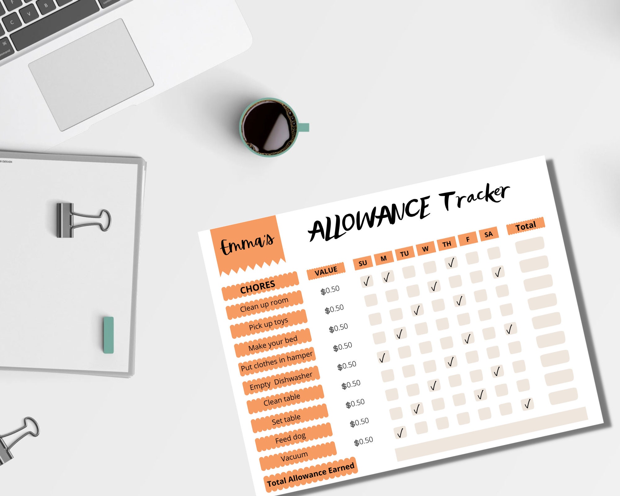 Allowance Tracker for Kids, Printable Allowance Chore Chart, Earn Money ...