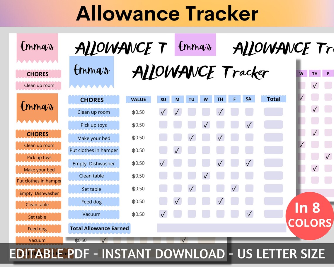 Allowance Tracker for Kids, Printable Allowance Chore Chart, Earn Money ...