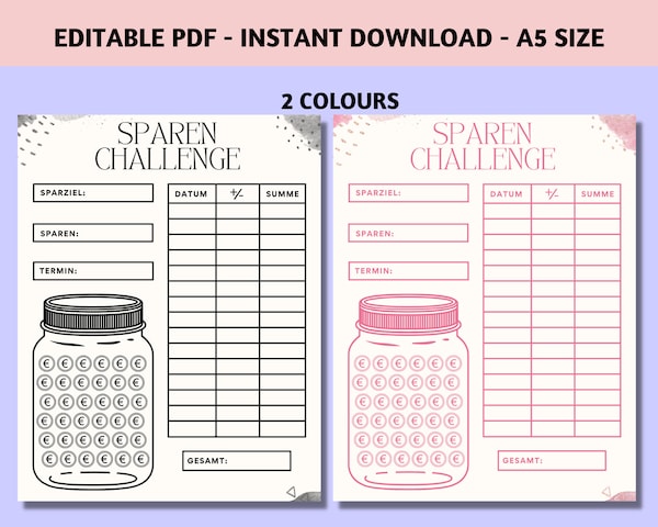 Sparchallengessparglas 1, 2, 5 ,10 ,20 ,50 Spar Challenges in A5 Size ...