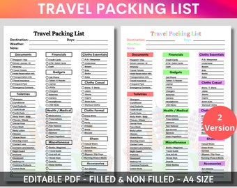 Editable Travel Packing List, Travel Packing List Printable, Packing ...