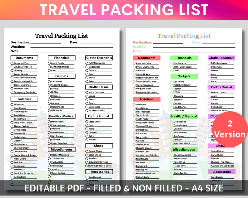 Editable Travel Packing List Travel Packing List Printable - Etsy