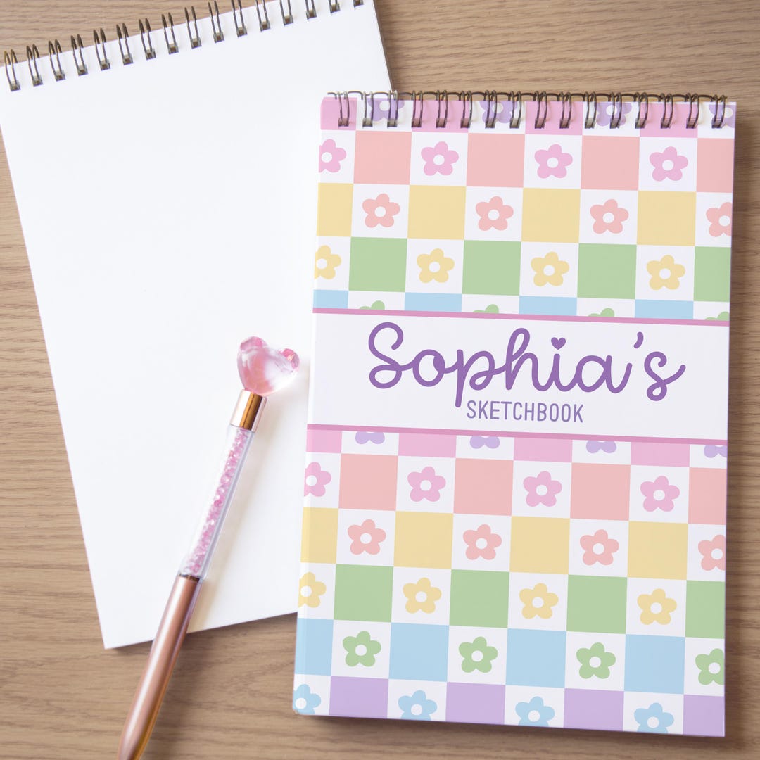 Girls Personalized Sketchbook, Kids Custom Rainbow Checkers Drawing Art ...