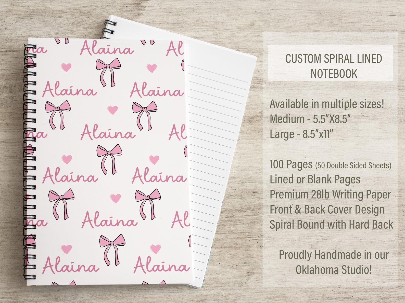 Girls Custom Notebook, Personalized Journal, Pink Coquette Bows ...
