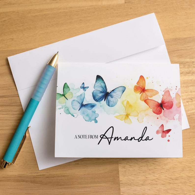Personalized Note Cards With Name, Set of Rainbow Butterfly Stationery ...