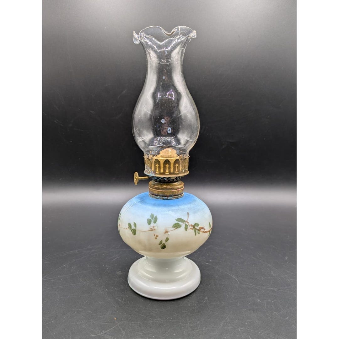 Vtg Miniature Oil Kero Lamp Milk Glass Blue to White Flowers Hornet ...