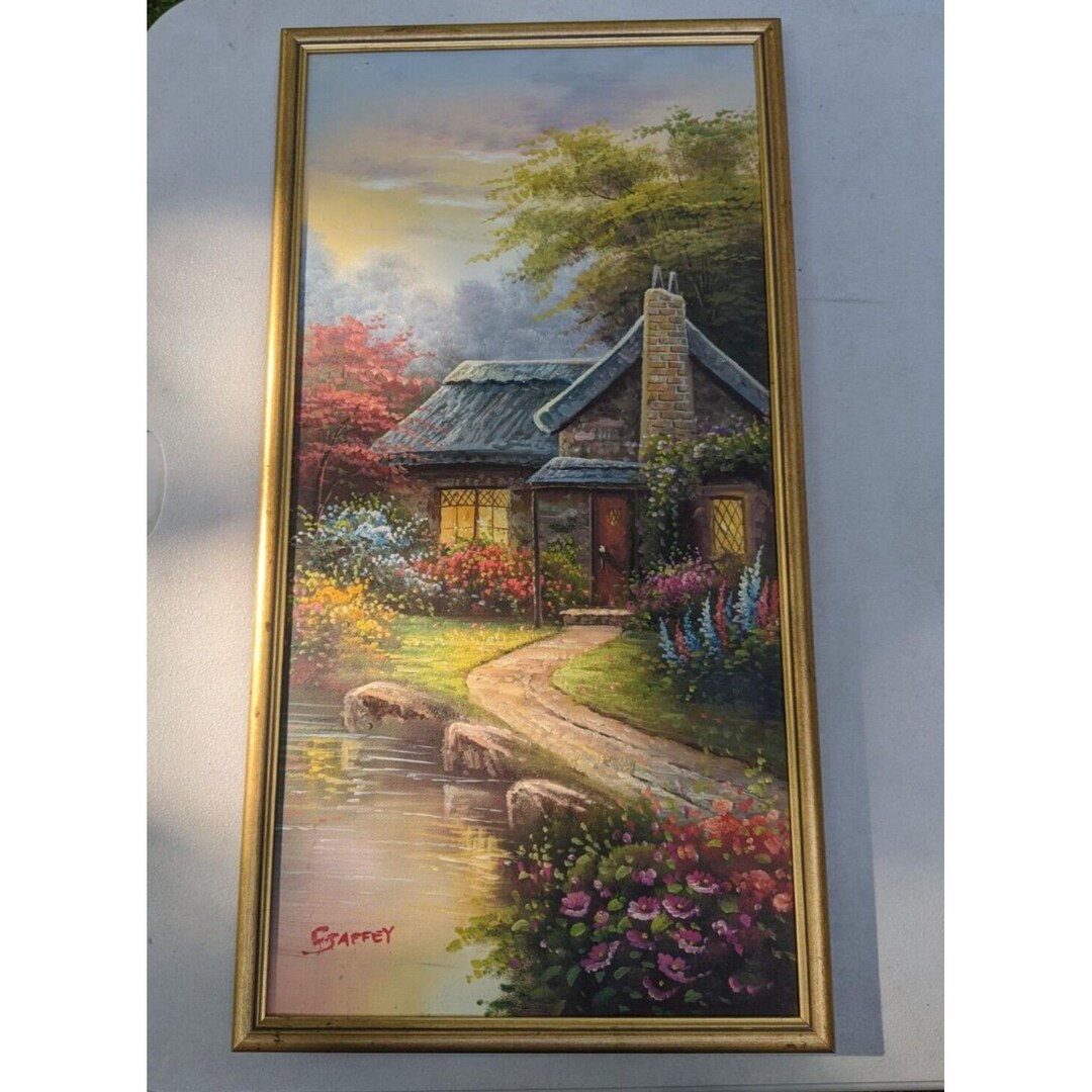 C Jaffey Original Oil Painting Cottage Garden Landscape Framed Signed ...