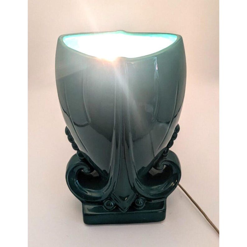 Art Pottery Vase Electric Table Lamp Night Light Vintage MCM Green ...