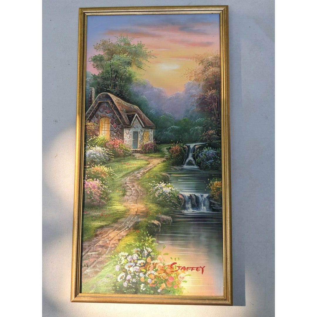 C Jaffey Original Oil Painting Cottage Waterfall Landscape Framed ...