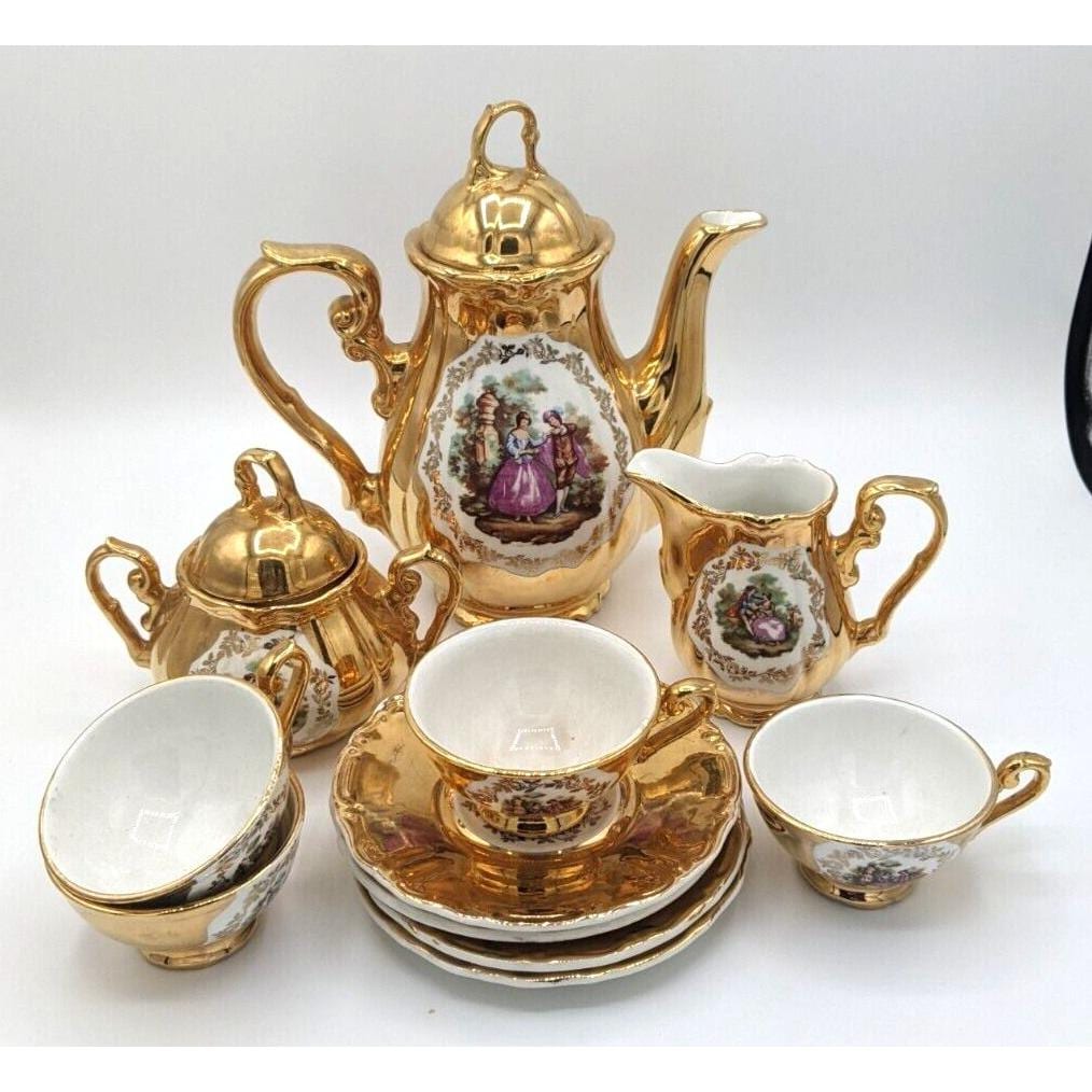 Gold Gilded Tea Set Porcelain Courting Couple 13 Pieces Made in Italy ...