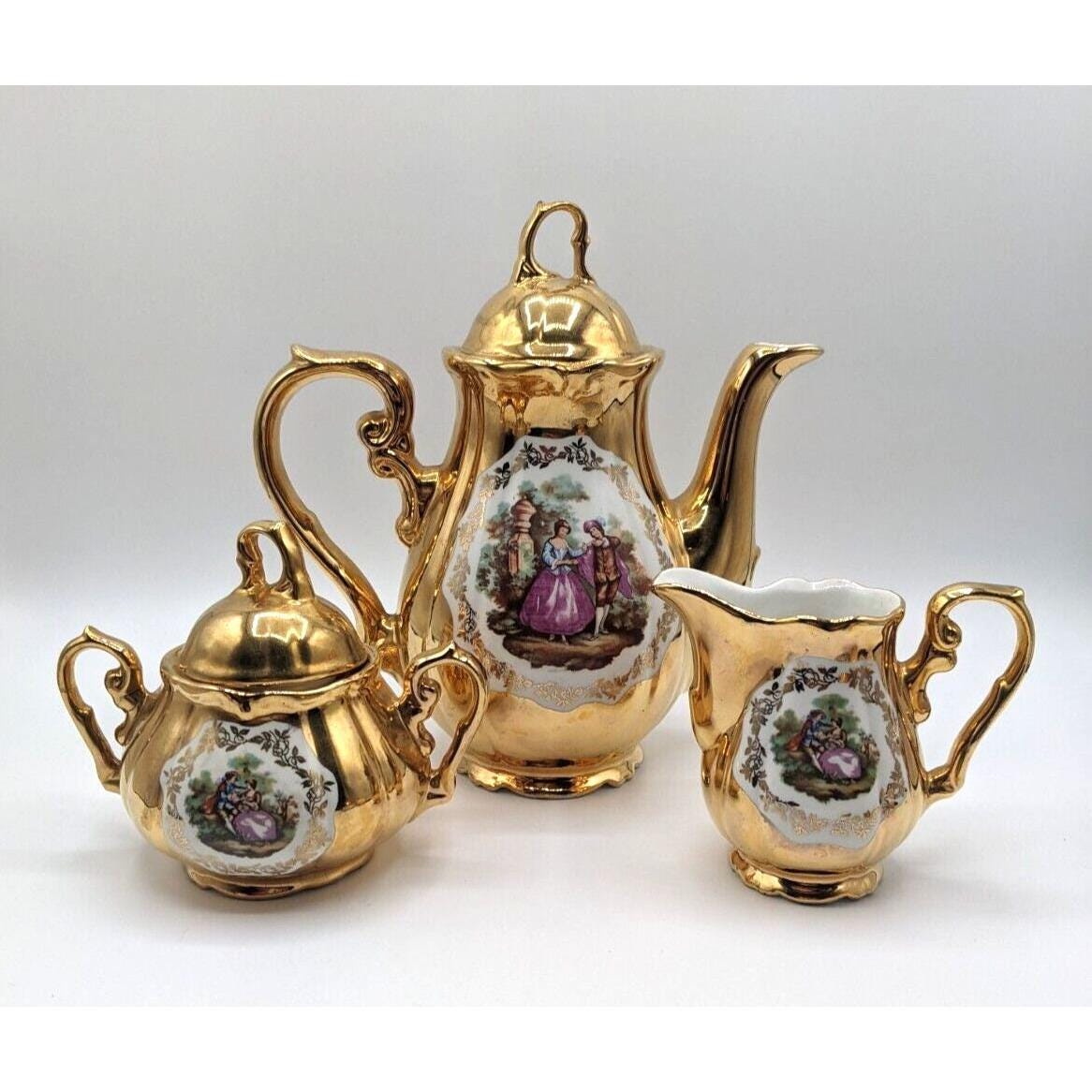 Gold Gilded Tea Set Porcelain Courting Couple 13 Pieces Made in Italy ...