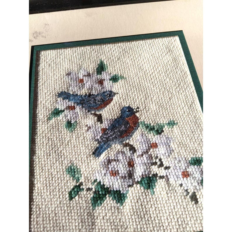 Framed NEEDLEPOINT Completed Petit Point Blue Birds on Branch Robins ...