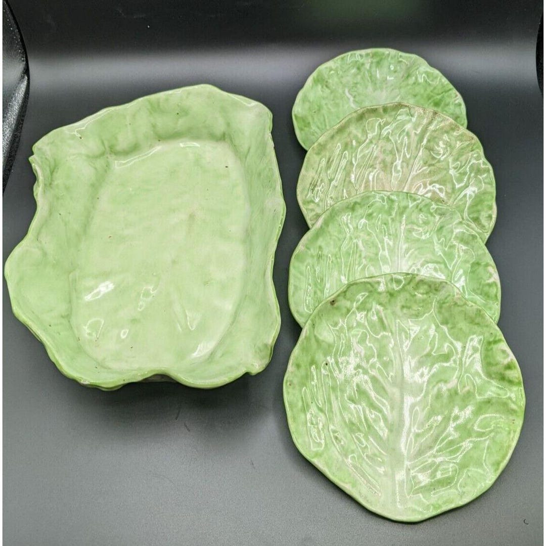 Antique Wannopee Serving Set Lettuce Leaf Bowl and 4 Plates Green ...