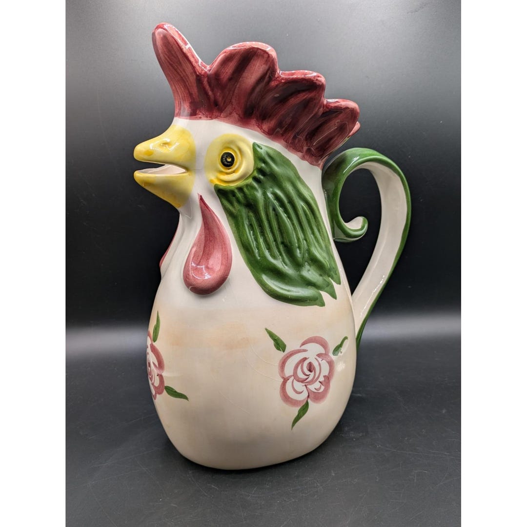 Vintage Rooster Chicken Pitcher Green Red Ceramic Made in Portugal 12 ...
