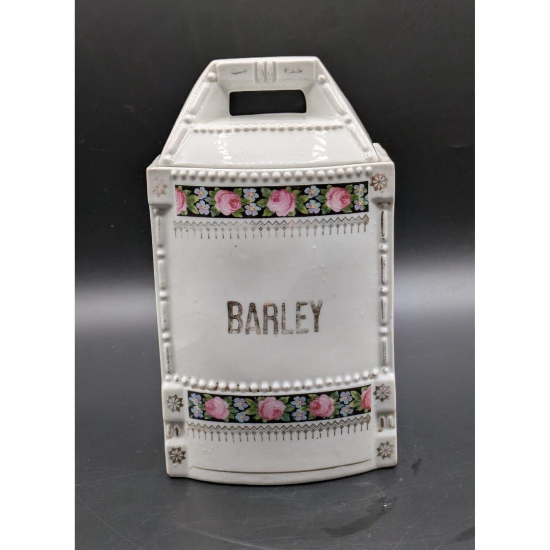 Antique White Block Germany Canister With Lid BARLEY Porcelain Floral ...