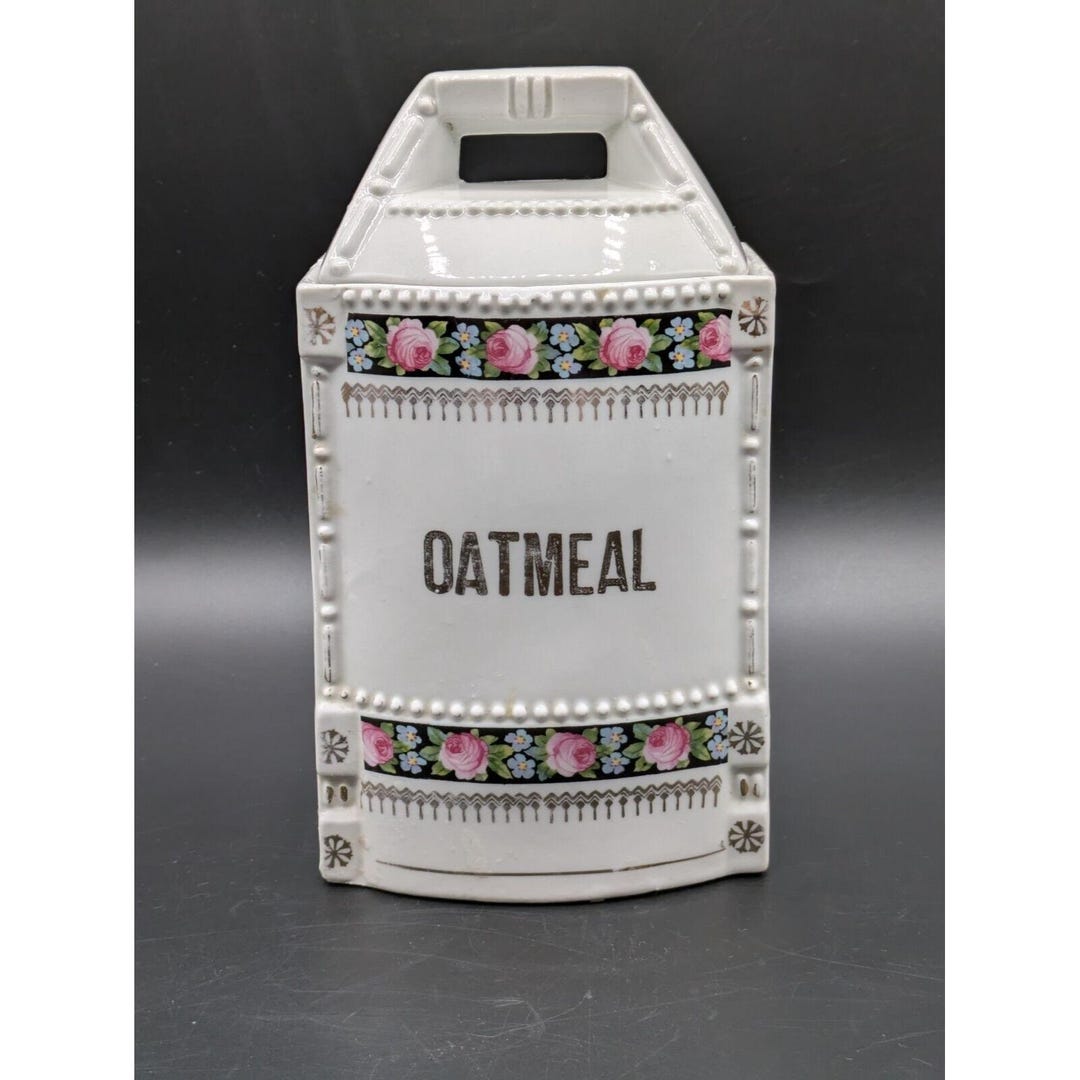 Antique White Block Germany Canister With Lid OATMEAL Porcelain Floral ...