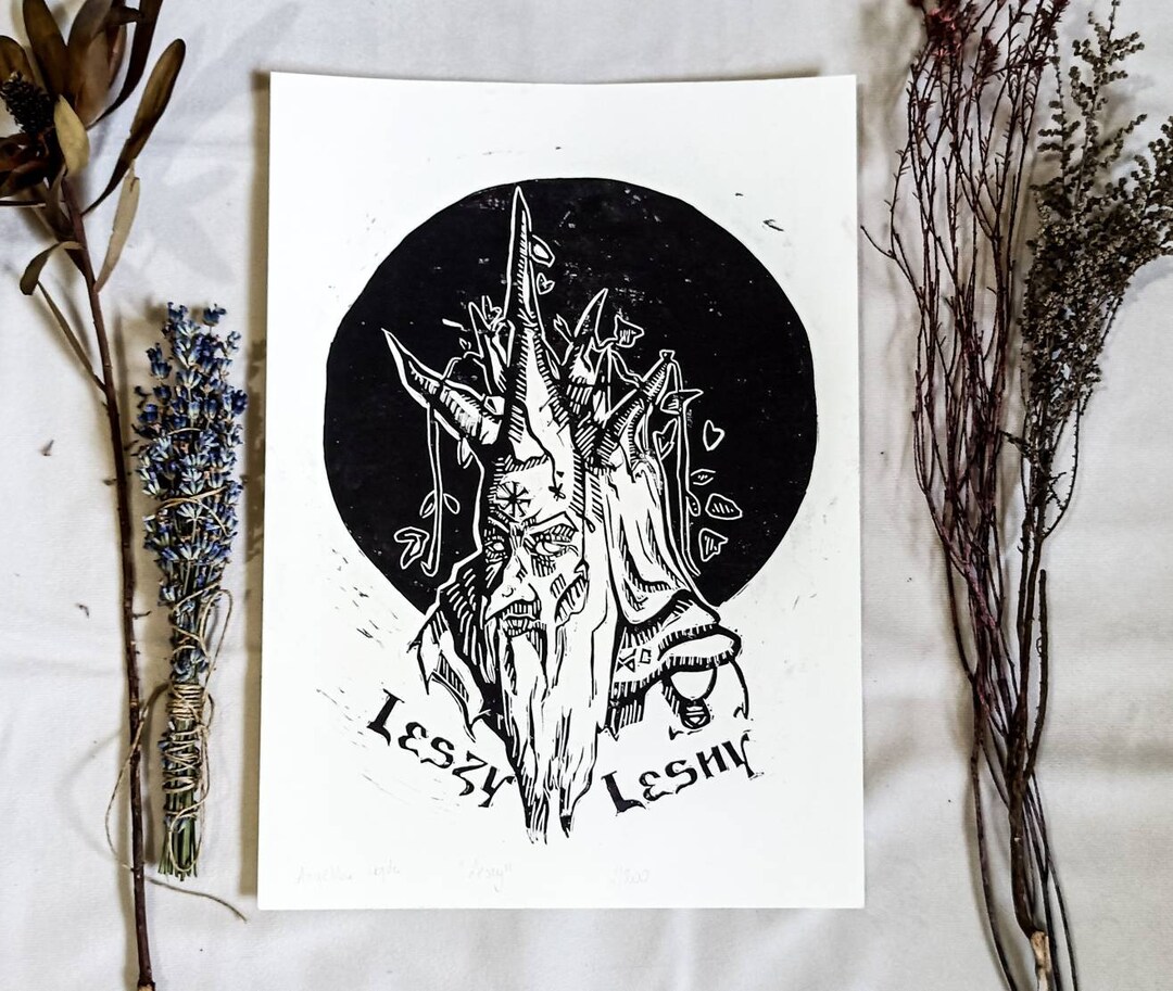 Original Linocut Print of Leshy - Slavic Demon, A4 Format - Folklore ...