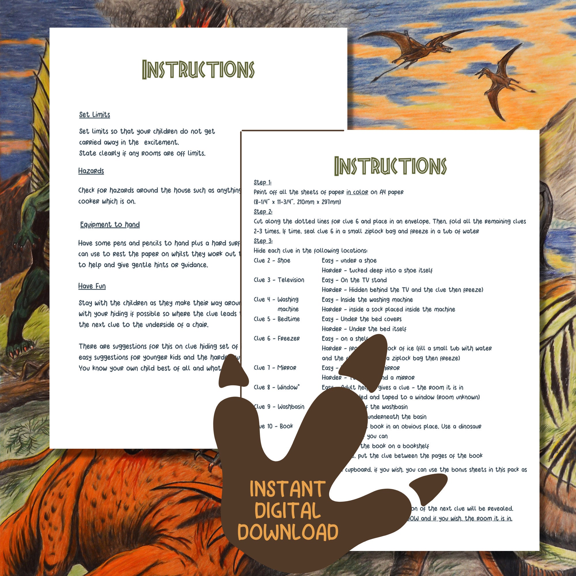 Indoor Dinosaur Treasure Hunt for Kids Printable Puzzle Activity Clues ...