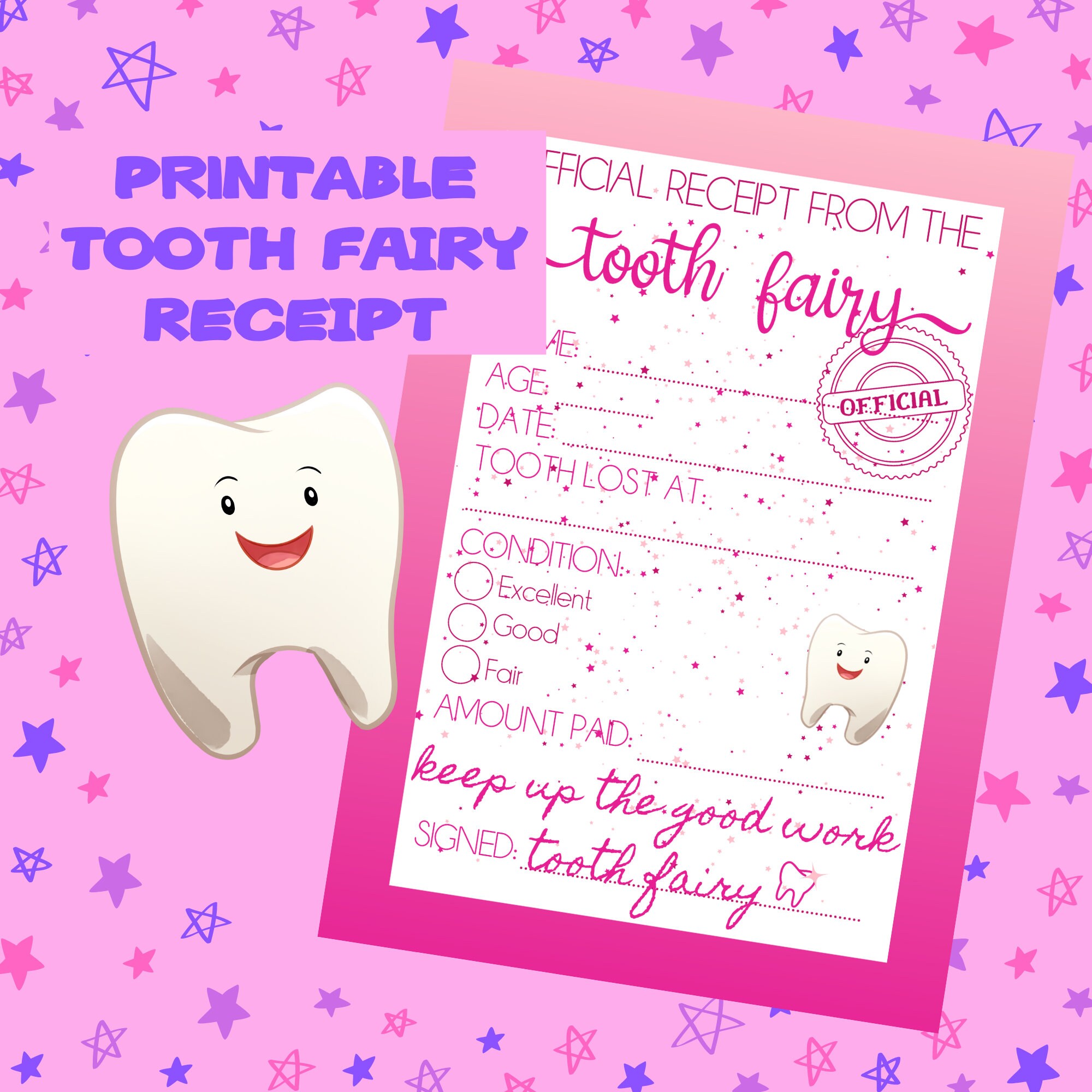Pink Printable Tooth Fairy Receipt Letter Note Official Certificate ...