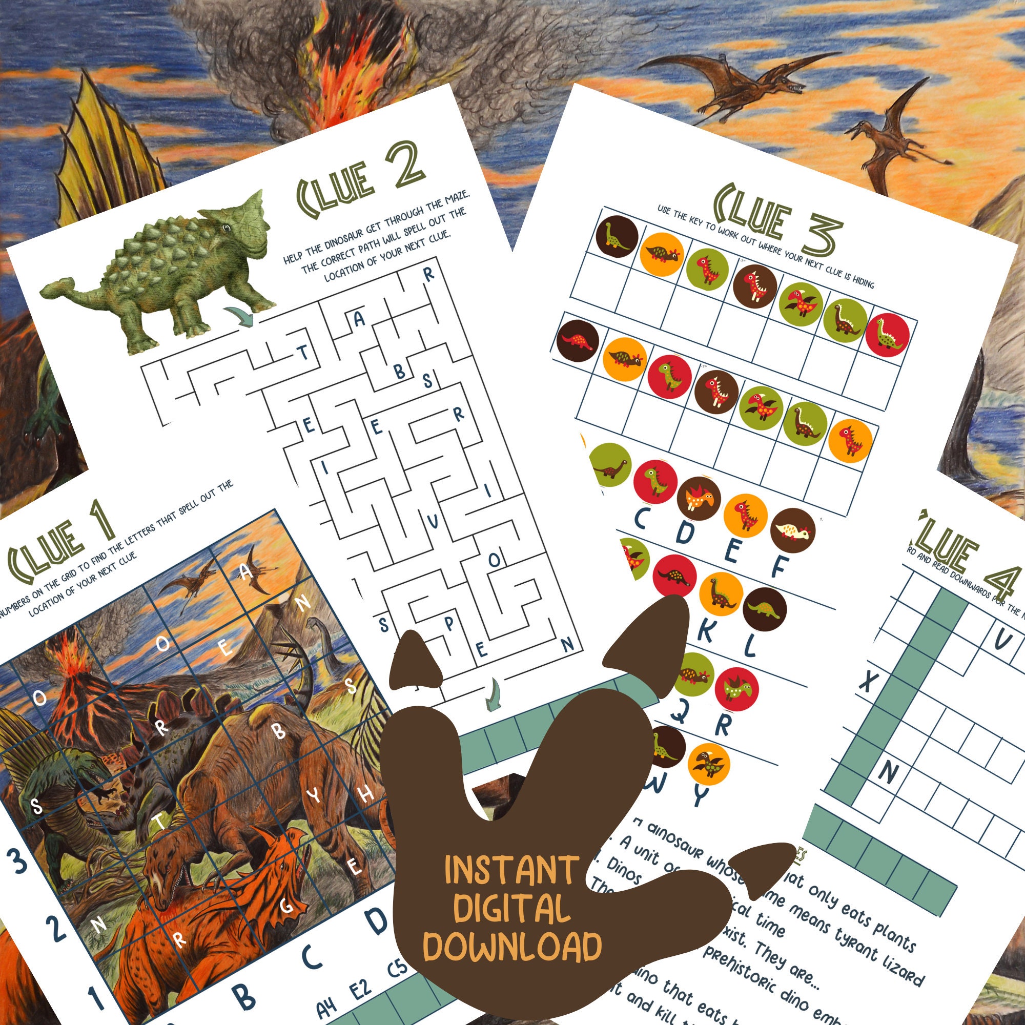Indoor Dinosaur Treasure Hunt for Kids Printable Puzzle Activity Clues ...