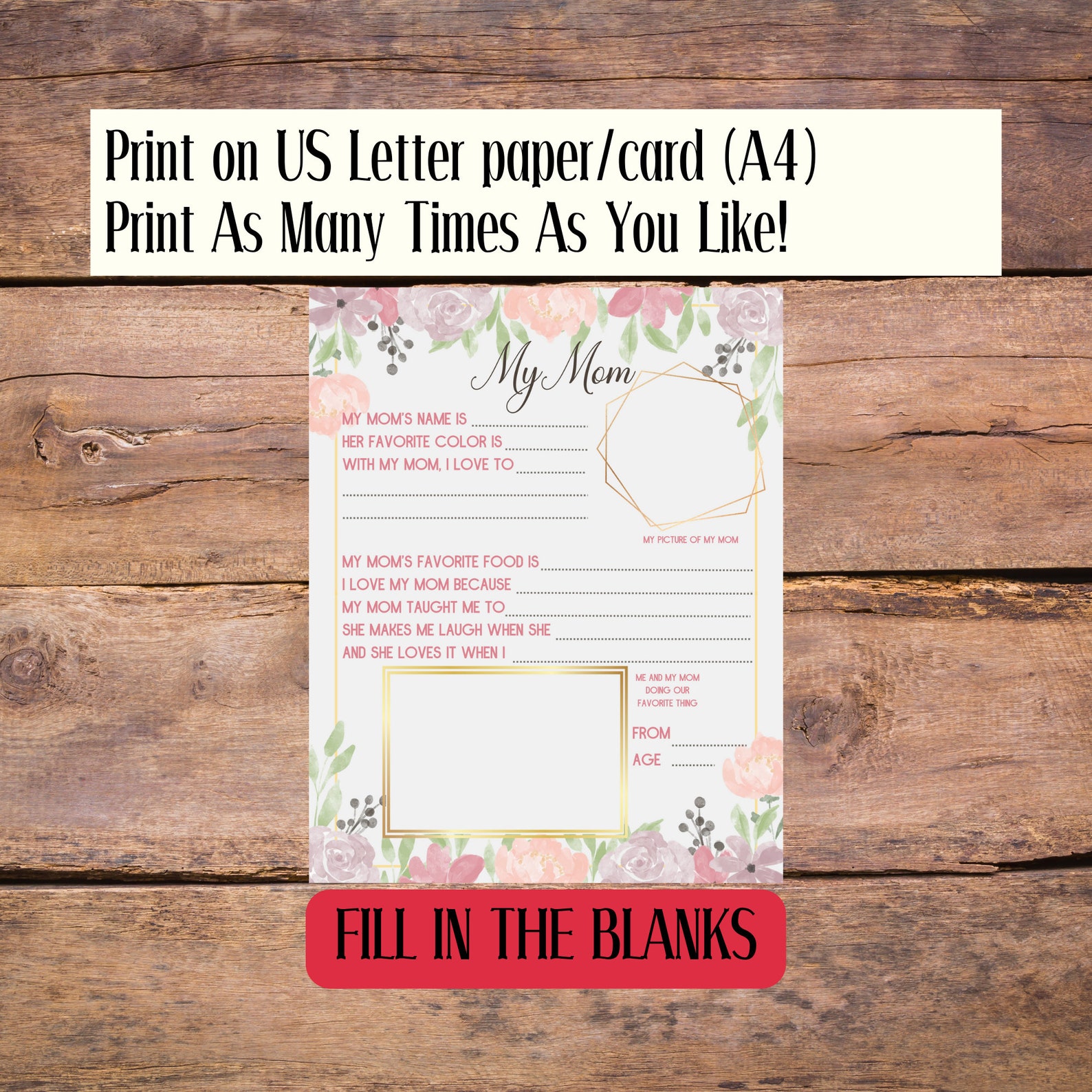 Printable All About My Mom Mommy Mum Stepmom Stepmum Mamma Mummy Letter ...