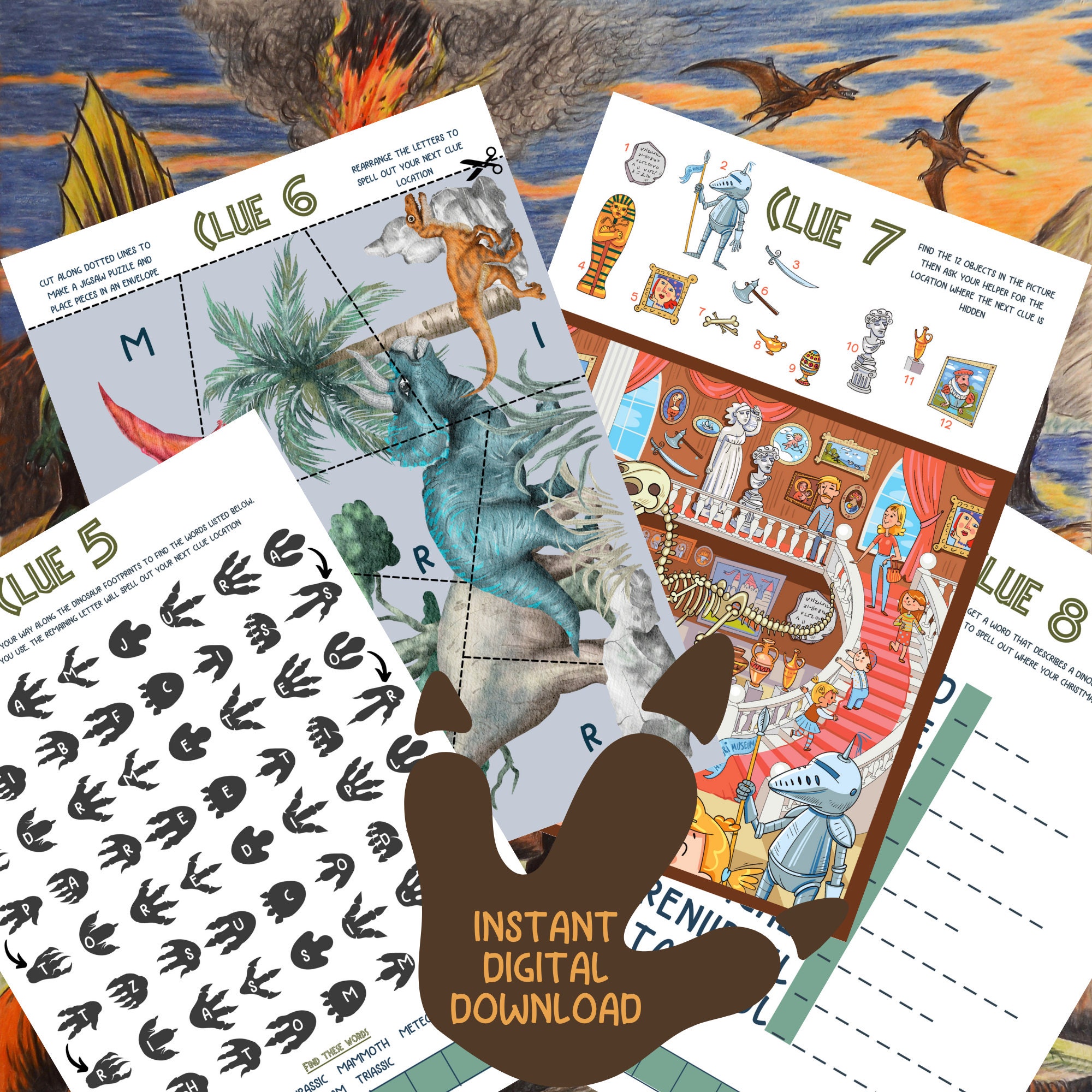 Indoor Dinosaur Treasure Hunt for Kids Printable Puzzle Activity Clues ...