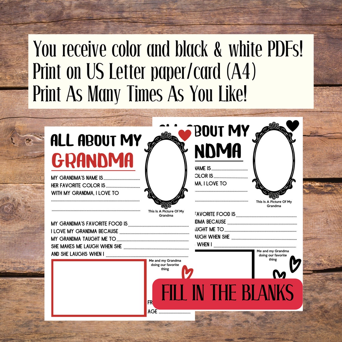 Printable All About My Grandma Granny Gran Step-grandma Grandmammy ...