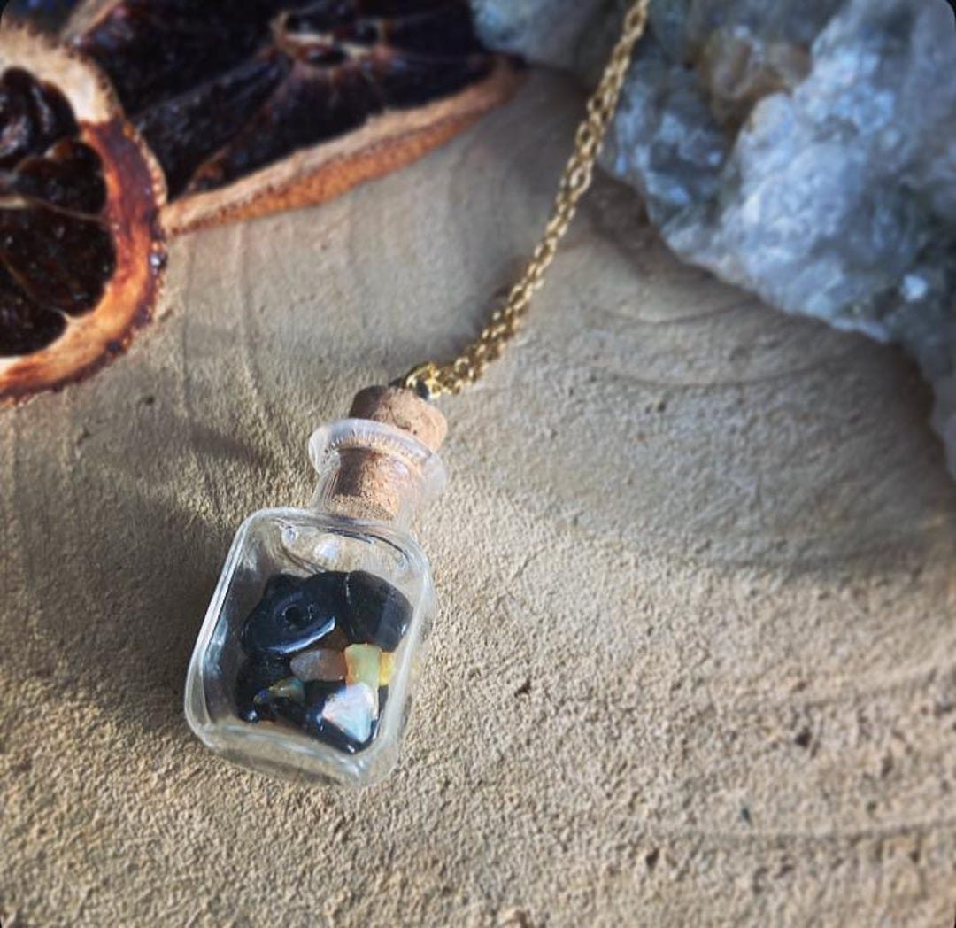 Opal Und Schwarzer Turmalin Splitter Fläschchen Kette Gold, Fairycore ...
