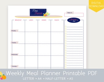 Printable PDF Weekly Meal Planner A5, Half-letter, A4, Letter Size Meal ...