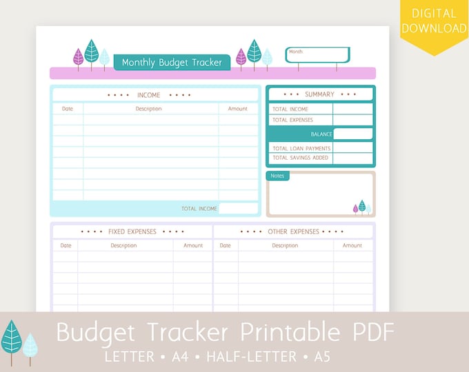 Printable PDF Monthly Budget Tracker A5 Half-letter A4 | Etsy