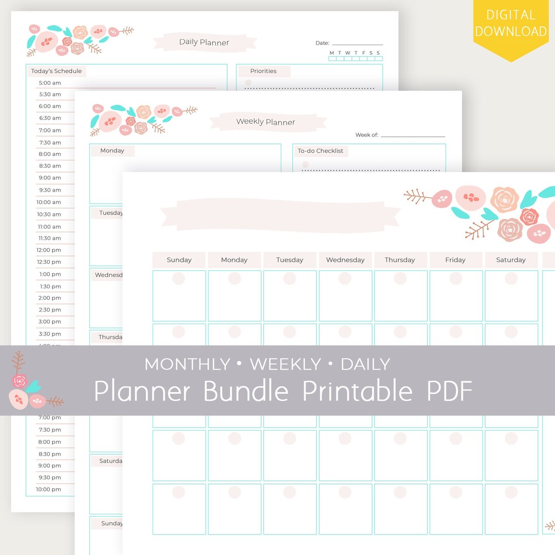 Printable PDF Planner Bundle - Daily, Weekly & Monthly | A5, Half ...