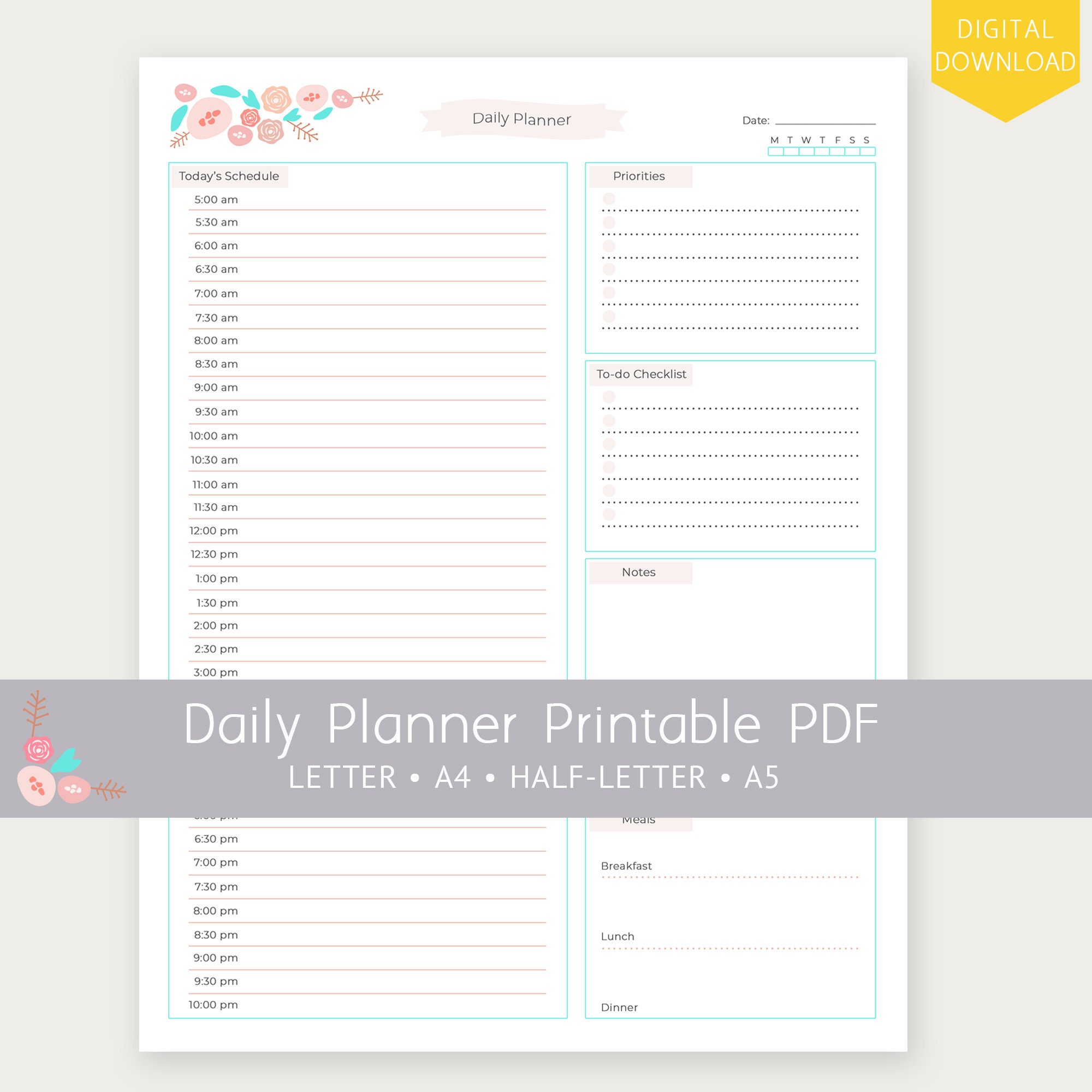 Printable PDF Daily Planner A5 Half-letter A4 Letter Size - Etsy