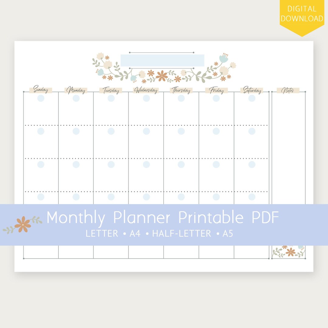 Printable PDF Undatierter Monatsplaner A5, Halbbuchstabe, A4 ...