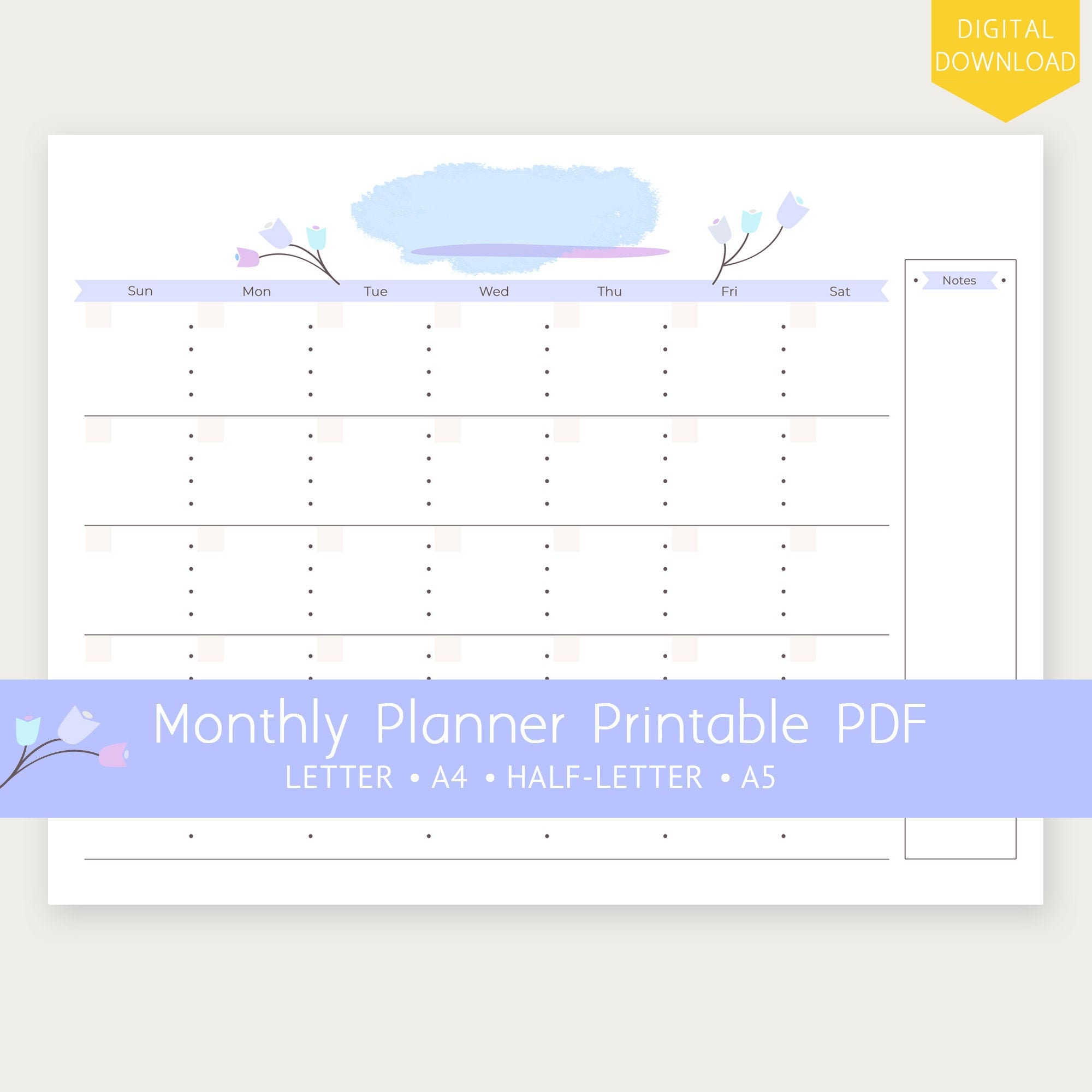 Printable PDF Undated Monthly Planner A5, Half-letter, A4, Letter Size ...