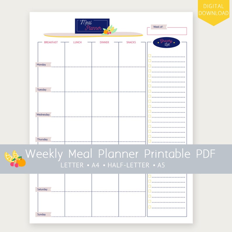 Printable PDF Weekly Meal Planner | A5, Half-letter, A4, Letter Size ...