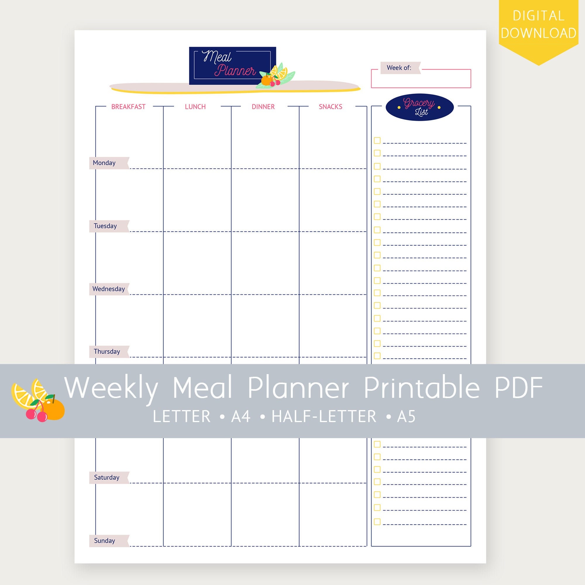 Printable PDF Weekly Meal Planner | A5, Half-letter, A4, Letter Size ...