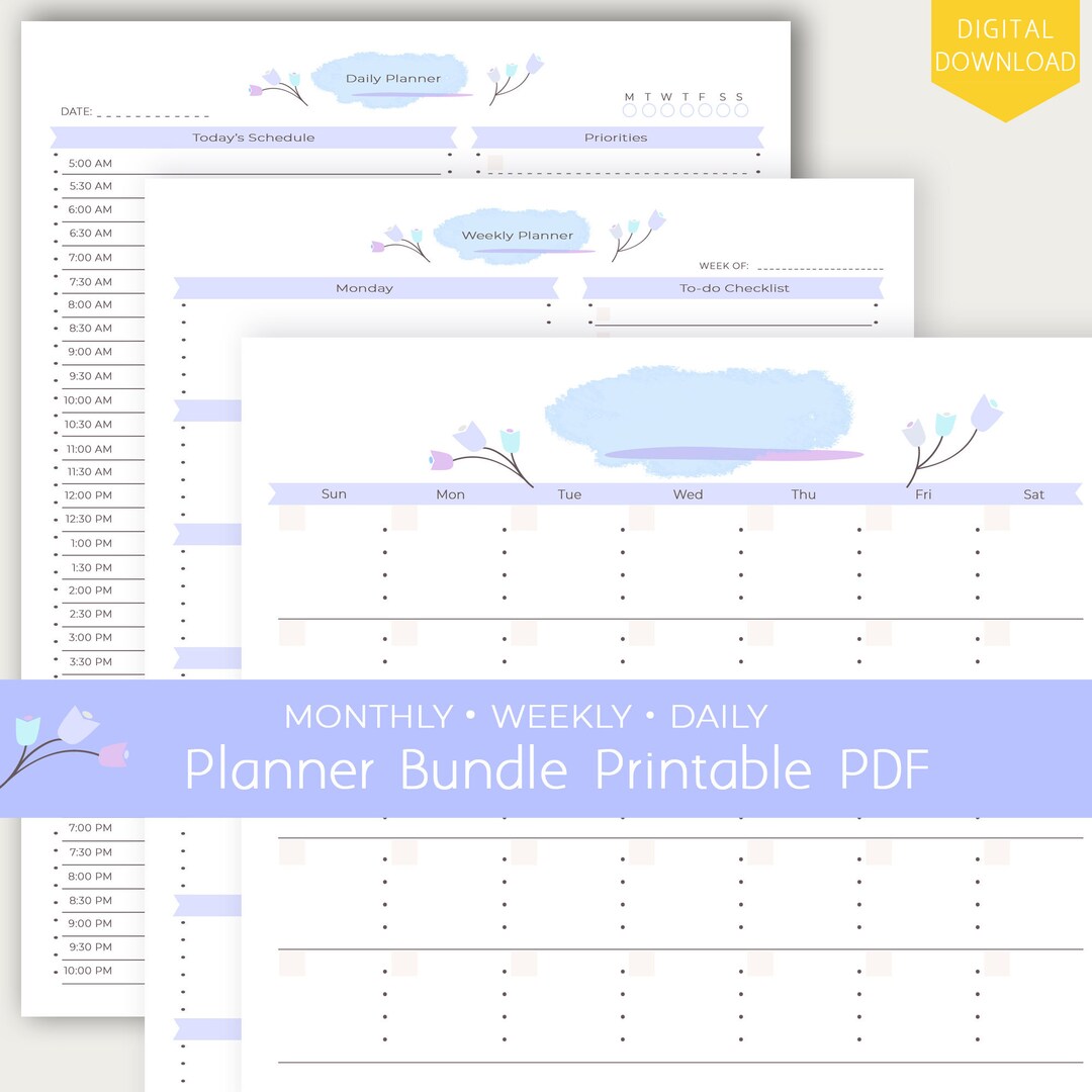 Printable PDF Planner Bundle - Daily, Weekly & Monthly | A5, Half ...