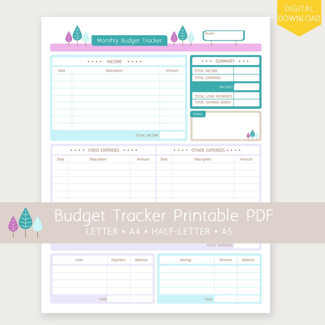 Printable PDF Monthly Budget Tracker | A5, Half-letter, A4, Letter Size ...