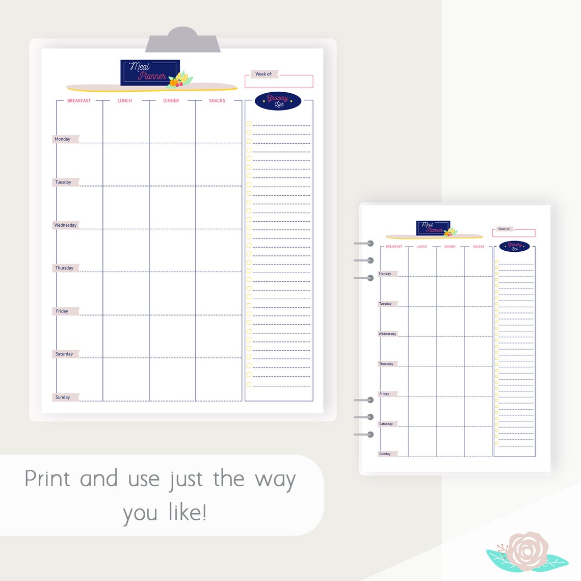 Printable PDF Weekly Meal Planner | A5, Half-letter, A4, Letter Size ...