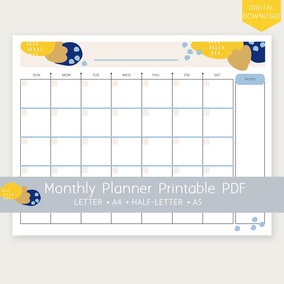 Printable PDF Undated Monthly Planner A5, Half-letter, A4, Letter Size ...