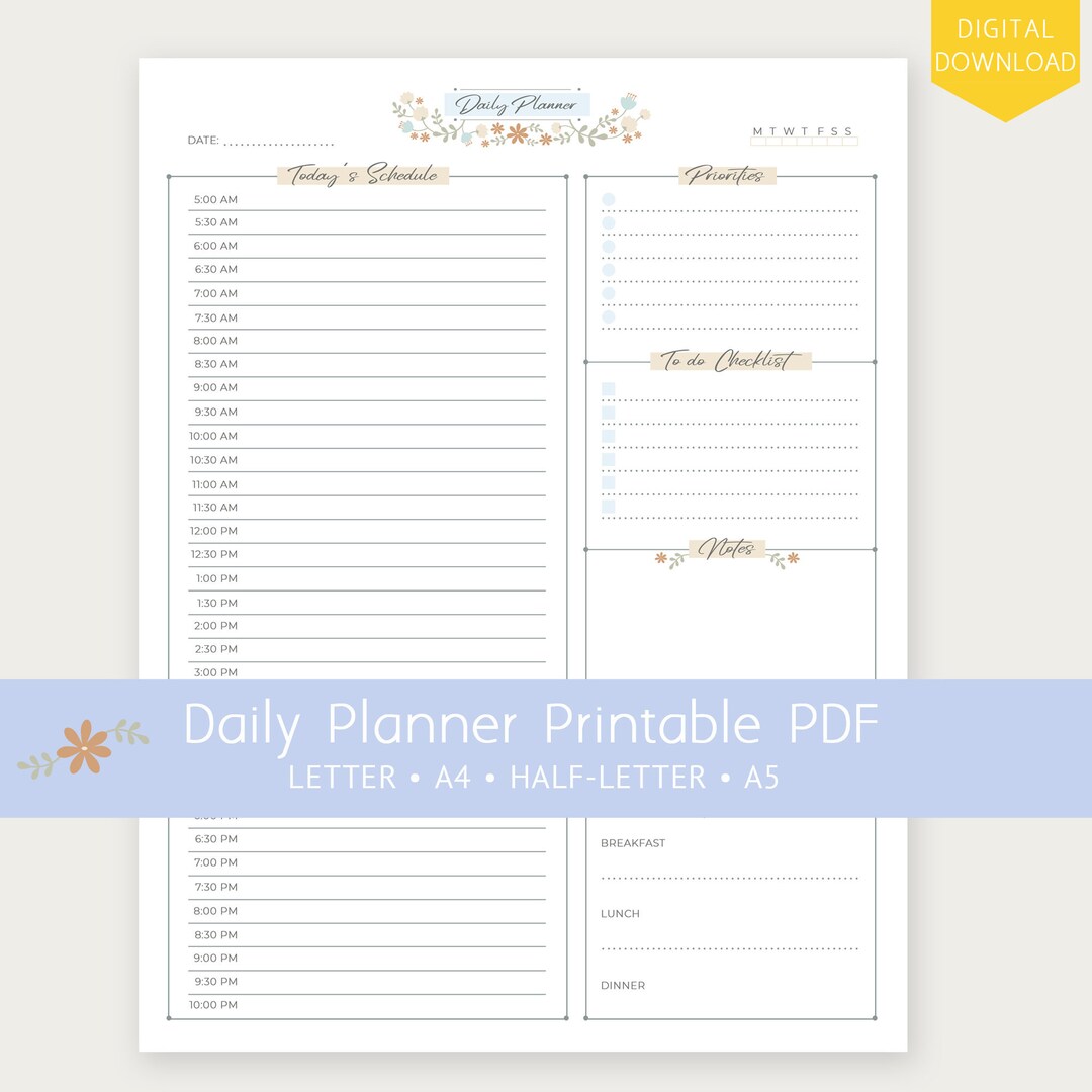 Printable PDF Daily Planner A5, Half-letter, A4, Letter Size Daily ...