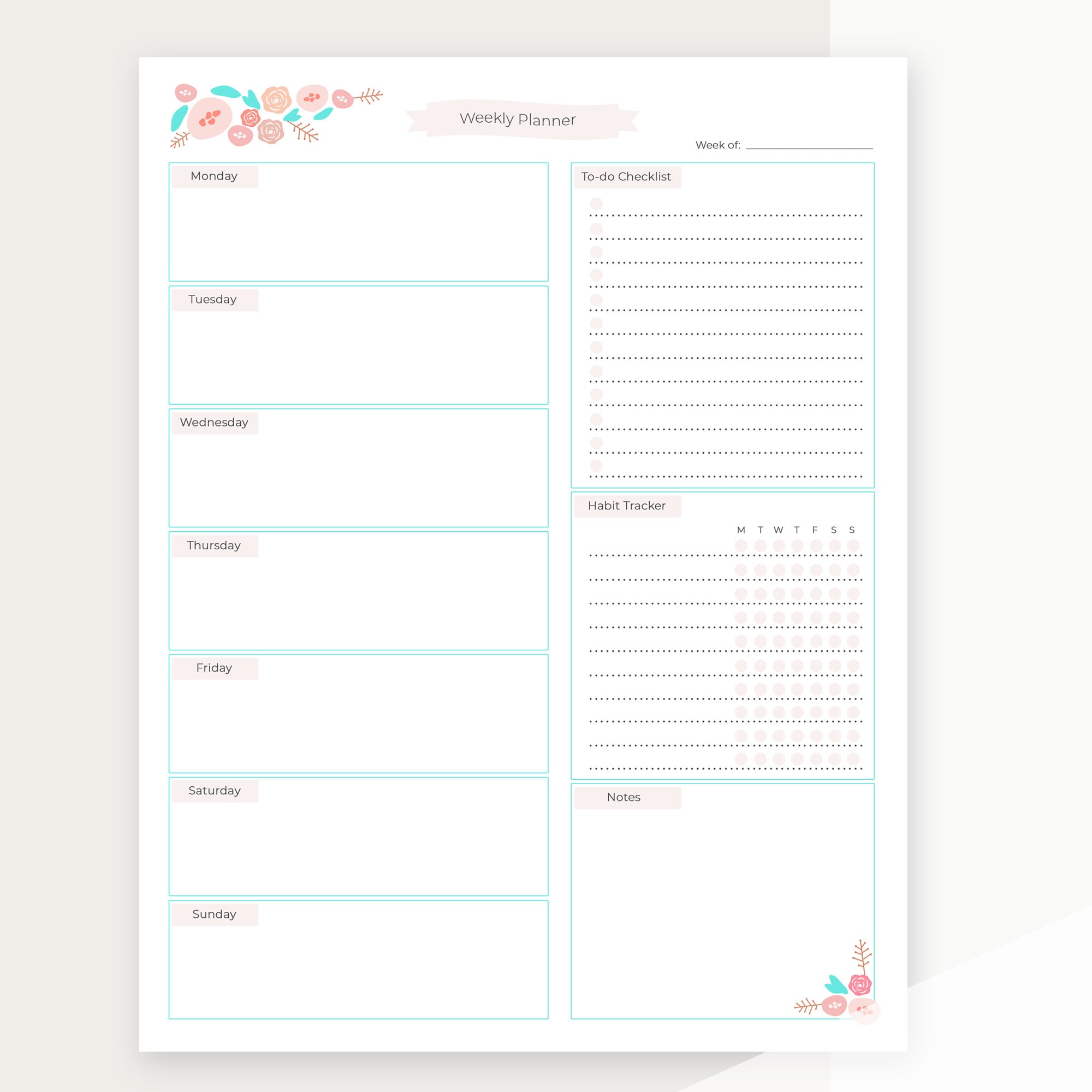 Printable PDF Weekly Planner | A5, Half-letter, A4, Letter Size Weekly ...