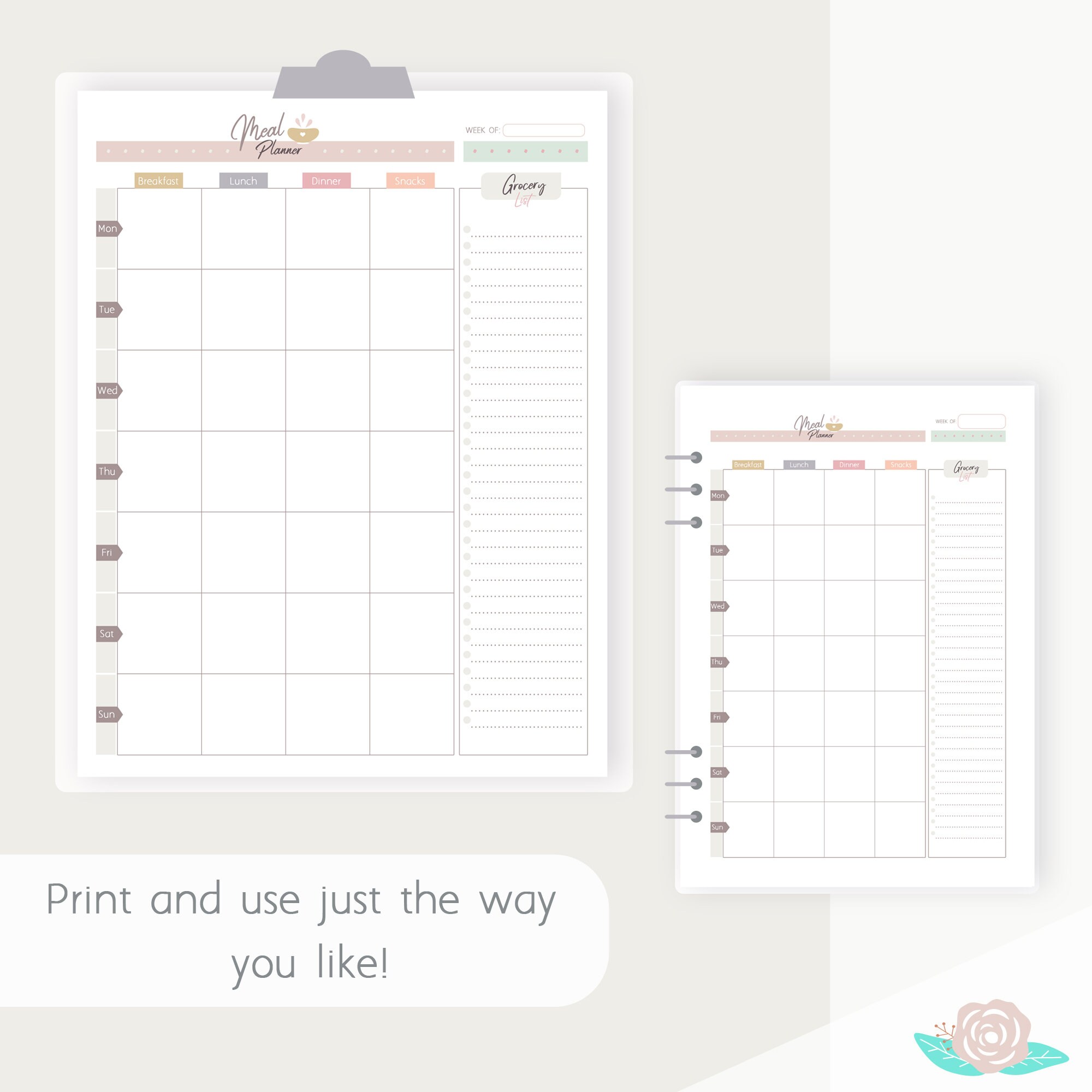 Printable PDF Weekly Meal Planner A5, Half-letter, A4, Letter Size Meal ...