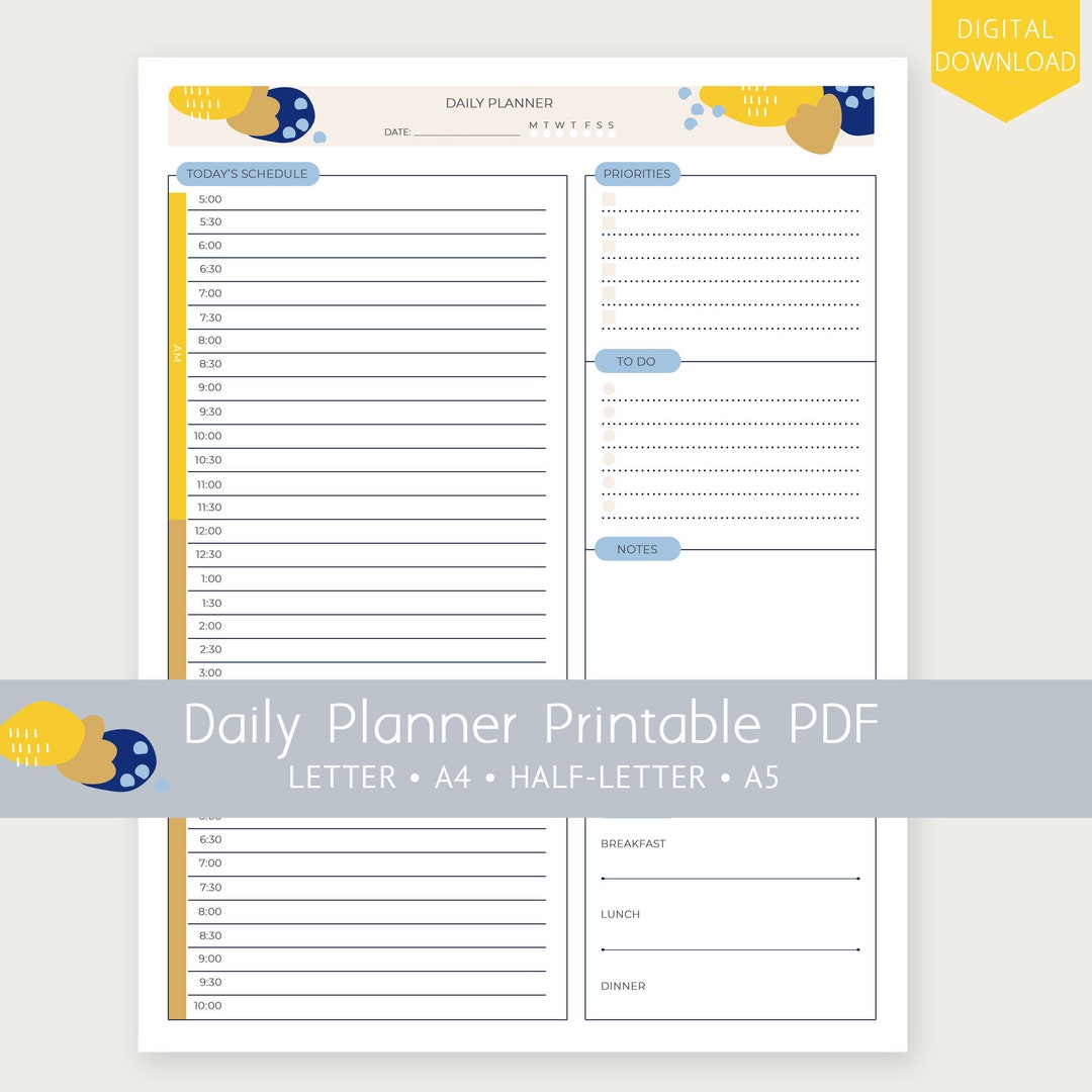 Printable PDF Daily Planner | A5, Half-letter, A4, Letter Size Daily ...