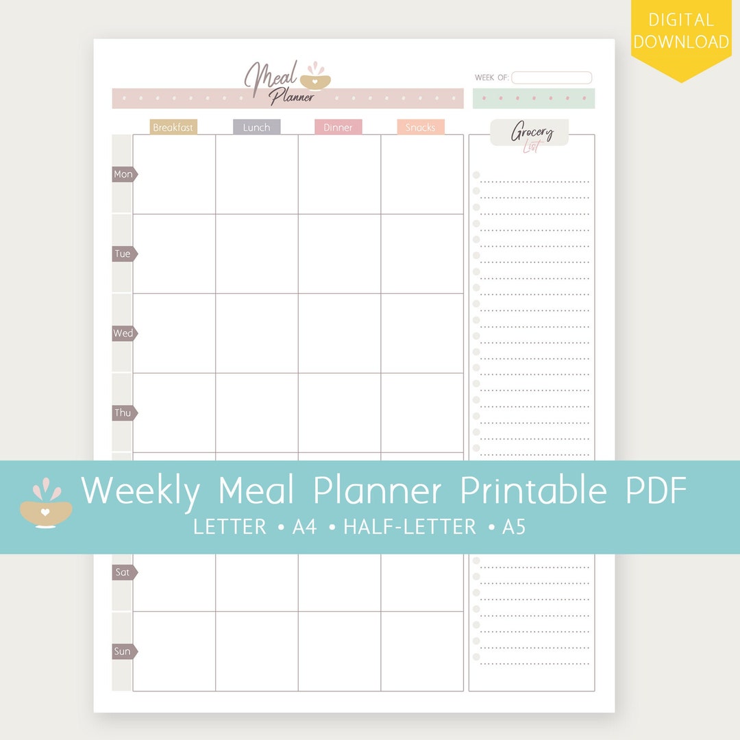 Printable PDF Weekly Meal Planner A5, Half-letter, A4, Letter Size Meal ...