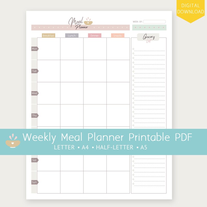 Printable PDF Weekly Meal Planner A5, Half-letter, A4, Letter Size Meal ...