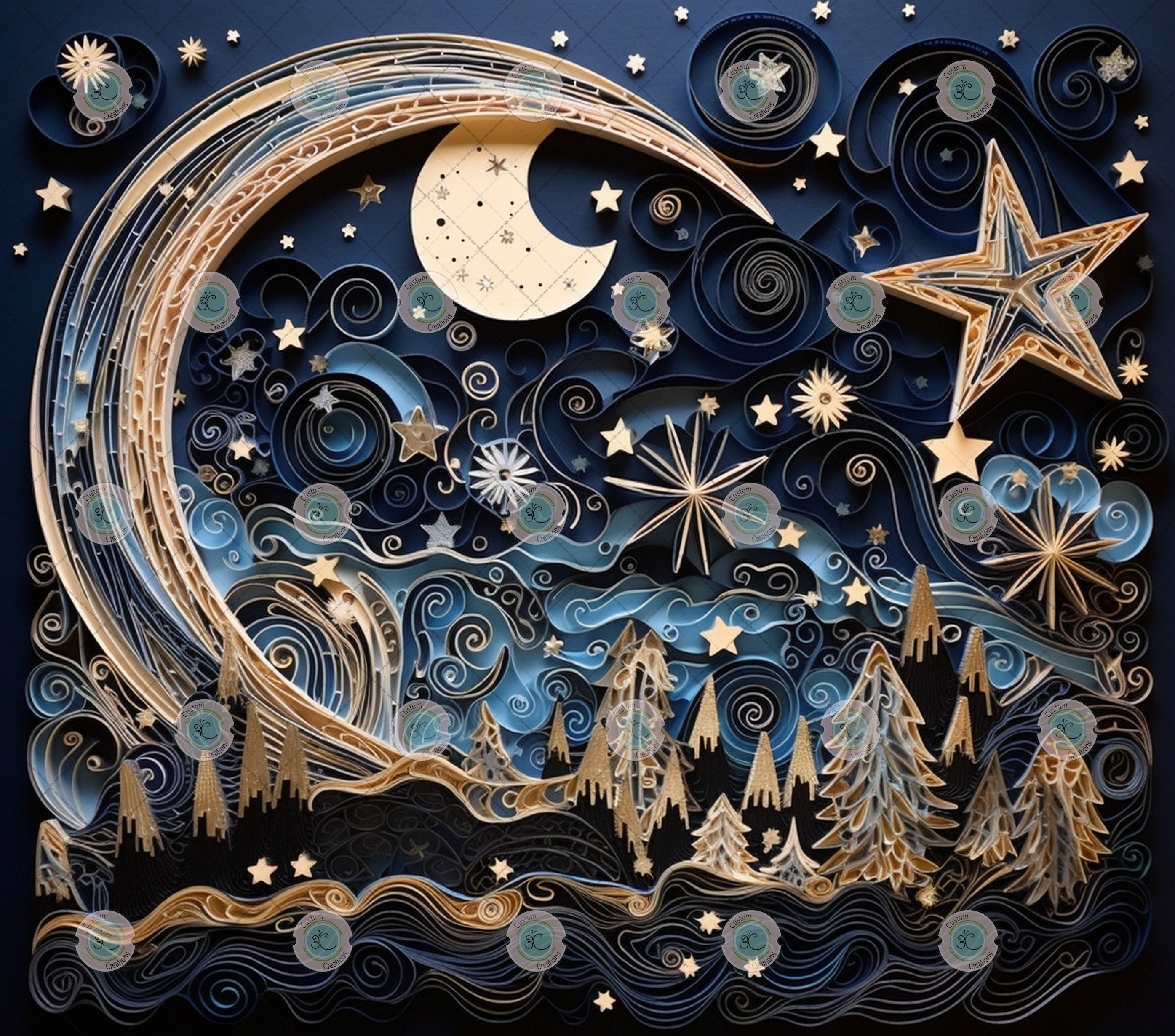 3D Paper Quilled Moon Stars Mountain Tumbler Wrap PNG Tumbler Designs ...