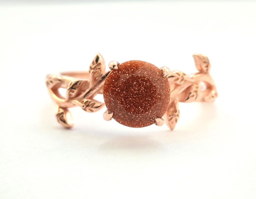 Dainty Orange Sandstone Wedding Ring, 14K Rose Solid Gold Cocktail Ring ...