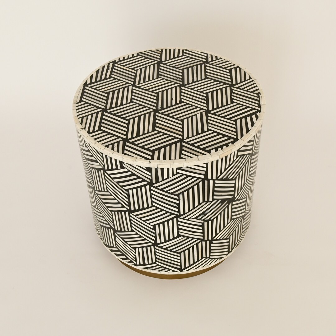 Bone Inlay Side Table, Round Intarsia Night Table, Indian Inlaid Night ...