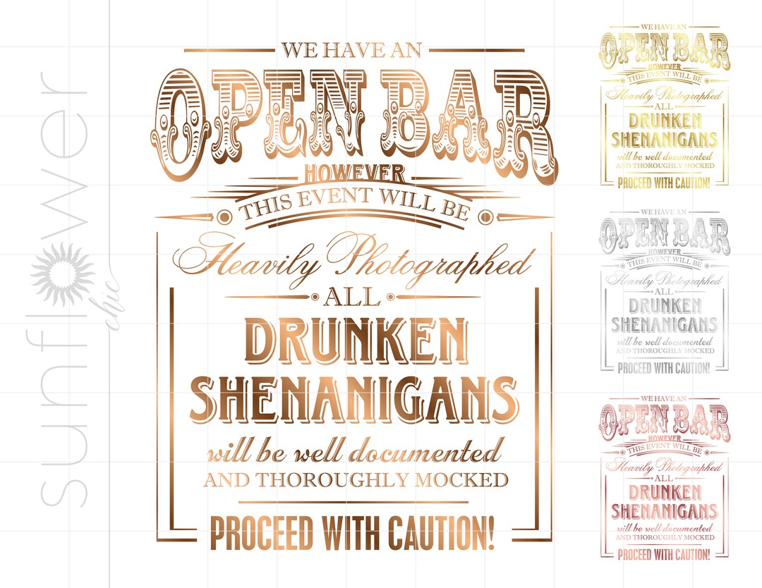 Gold Open Bar Shenanigans Sign Art Png Svg Dxf Jpg Pdf Downloads | Gold ...